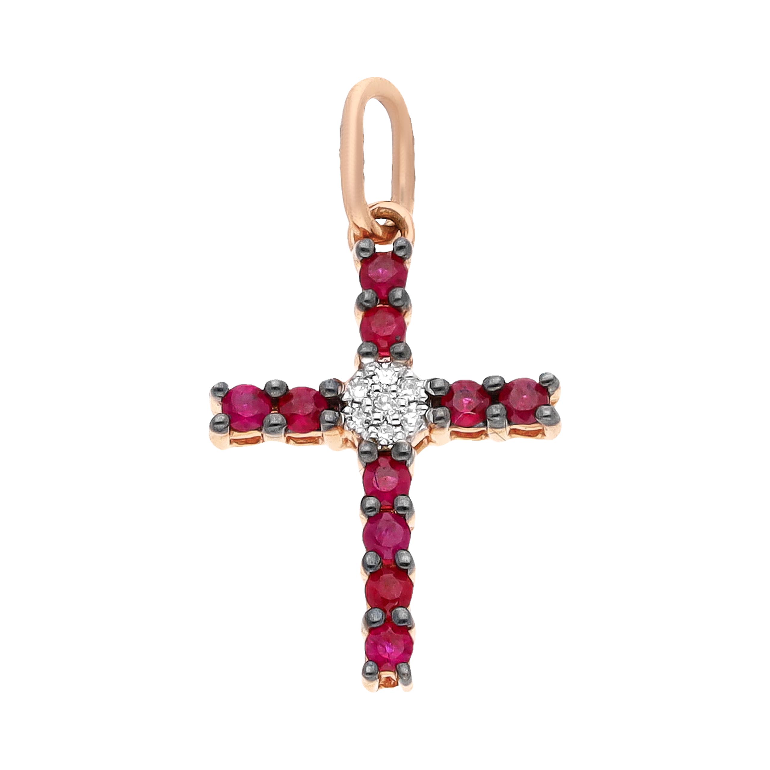 Cruz en oro rosa 14K con rubí y diamante - Joyería Lunas